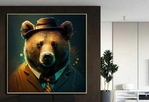 Интерьерная картина маслом медведь в шляпе