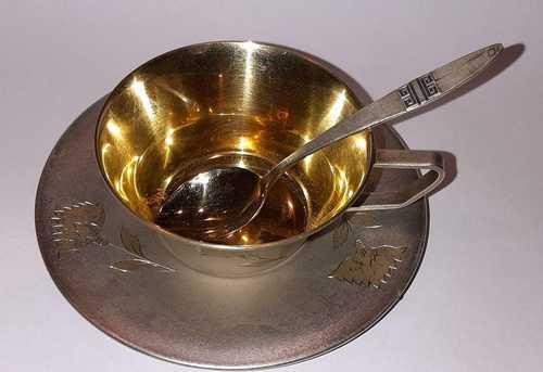 Серебряное позолоченное трио: чашка, блюдце, ложка