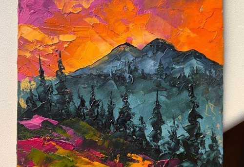 Яркая картина маслом Бештау горы в закате