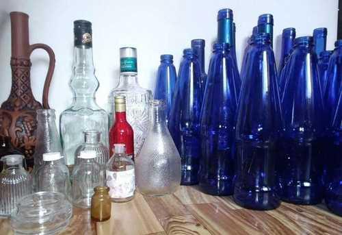 Кобальтовые и прозрачные бутылки для поделок