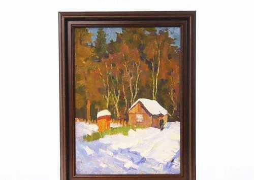 Картина в раме "Пейзаж с домиком в снегу"