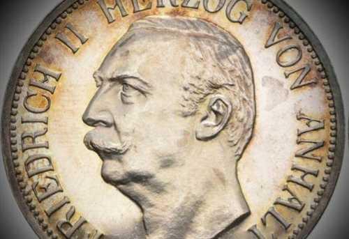 Серебряная монета,3 марки 1911 год.,Ангальт,Proof