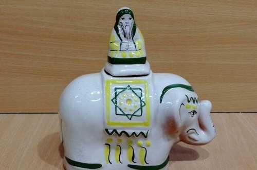 Чайница Старец на Слоне 16см керамика роспись