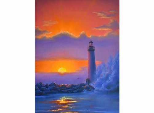Картина "Маяк на закате" Море маслом на холсте