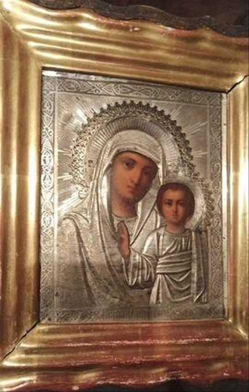 Икона Казанской Божьей Матери в серебре 19в киот