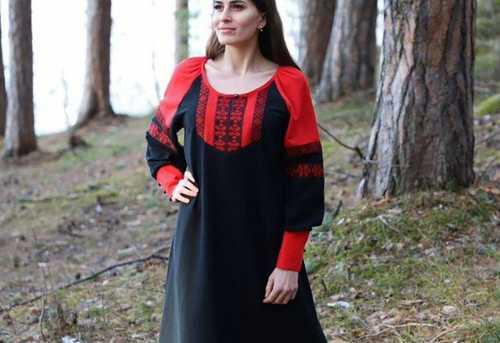 Платье Славяночка чёрно-красное