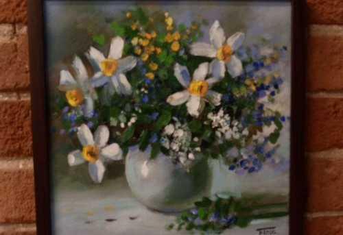 Картина маслом на холсте, цветы, пионы ромашки
