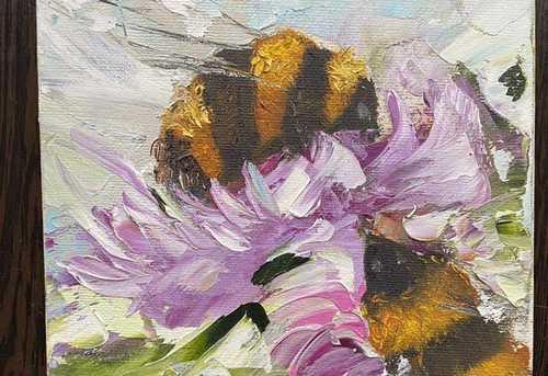 Картина маслом Пчелы, миниатюра 15х15 см