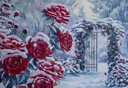 Картина маслом зимний пейзаж Розы в снегу