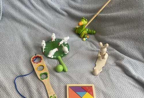 Деревянные игрушки, каталка, головоломка,курочки