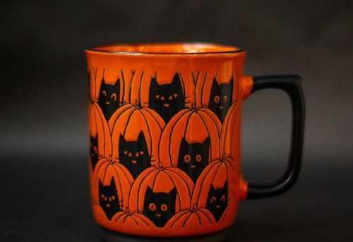 Кружка Хэллоуин Halloween Черный кот Тыква