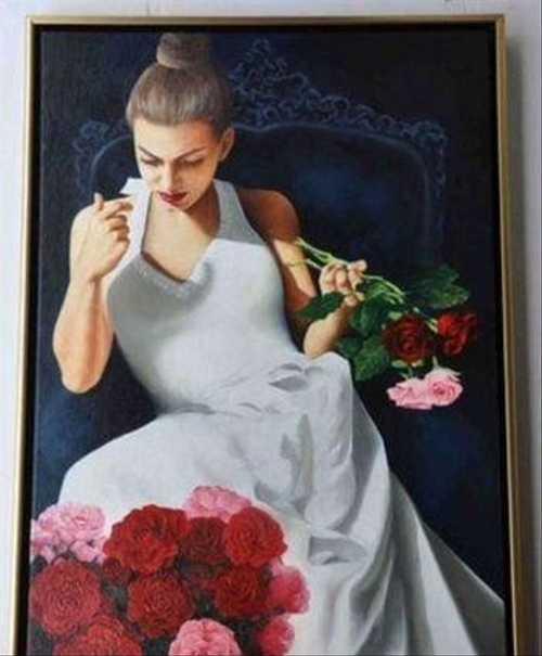 Картины маслом ручной работы Девушка с розами