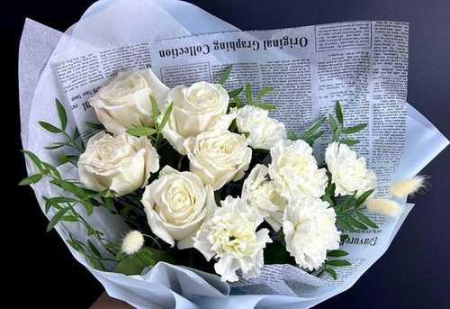 Дуо-букет белых премиальных роз и гвоздик