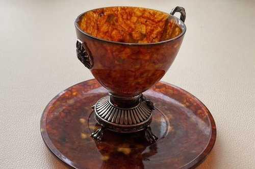Чашка и блюдце из янтаря ручная работа 120мл
