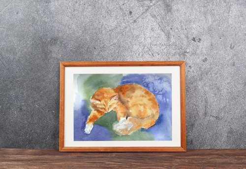 Картина для интерьера "Спящий рыжий кот", акварель