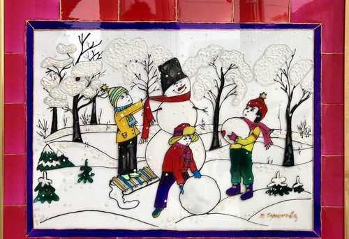 Картина на стекле Зимние забавы, витражная роспись