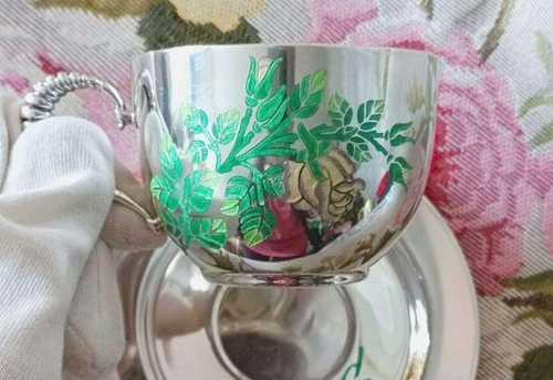 Чашка и блюдце "Чайные Розы" Серебро 925 Эмаль