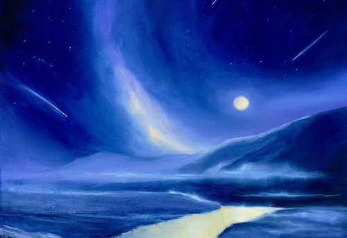 Картина маслом "Лунная река.Падающие звезды",90-70