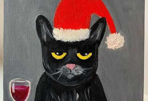 Картина маслом"Новогоднее настроение"кот с вином