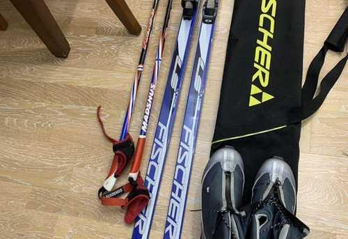 Лыжи беговые fisher+крепления+палки+боты+чехол