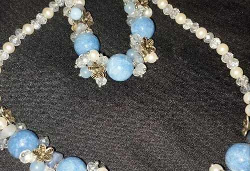 Комплект Ожерелье, серьги, браслет. Нат. Камни