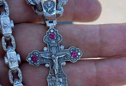 Цепь святые 100 гр крестик с рубинами,серебро 925
