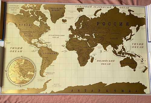 Скретч-карта мира, золотая в тубе