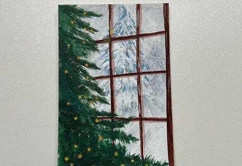Зимняя картина акрилом 10х15 см, картон, пейзаж