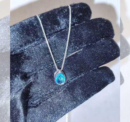 Серебряная цепочка 925   подвеска голубая капля