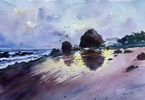 Закат акварельная картина морской пейзаж