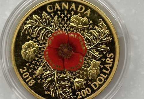 Золотая монета канады Мак цветная эмаль