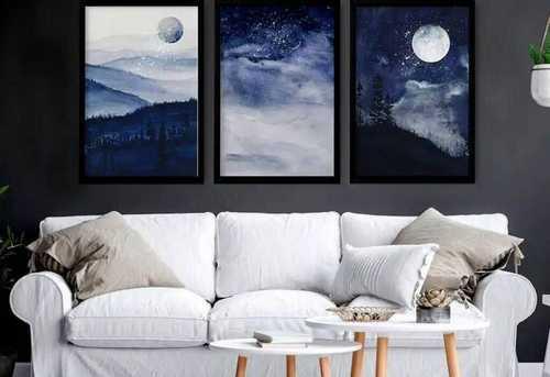 Картина триптих ночной синий пейзаж луна на холсте