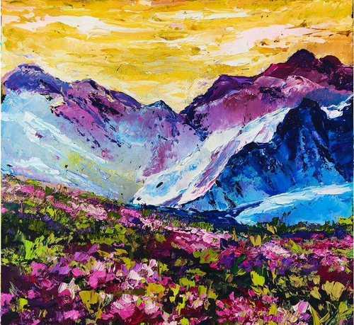 Картина маслом мастихином горный пейзаж Алтай горы