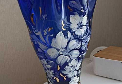 Большая ваза, синее стекло ручная роспись