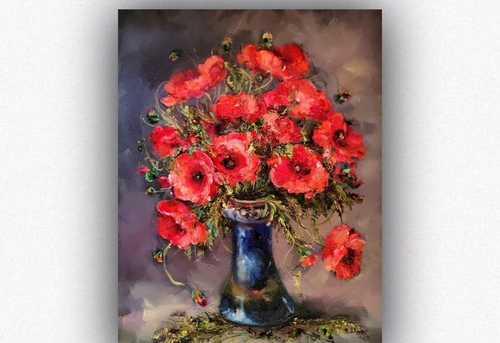 Картина маслом с цветами "Маки в синей вазе."40х30