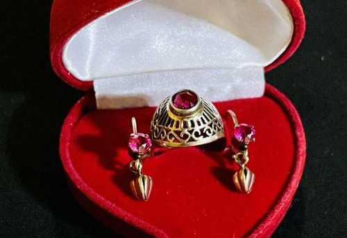 Серебряное кольцо с рубином и серьги 875 СССР