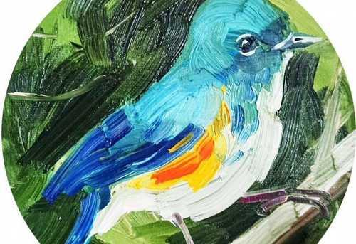 Картина птичка на ветке масло холст живопись