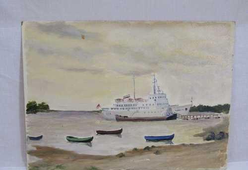 Картина "Корабль, лодки" масло, 1970 год №6338