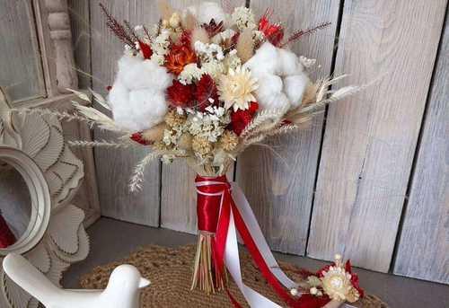 Свадебный букет невесты из сухоцветов с хлопком