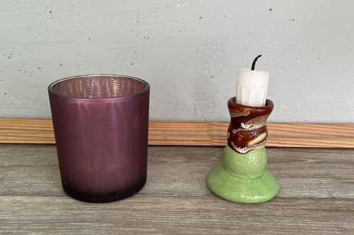 Подсвечник стекло керамика зеленый фиолетовый