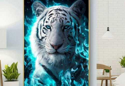 Яркая картина маслом белый тигр на голубом фоне
