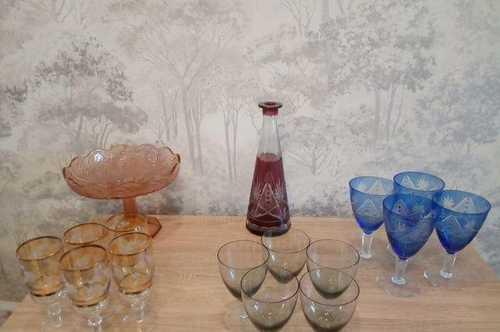 Цветное стекло СССР бокалы, ваза, графин