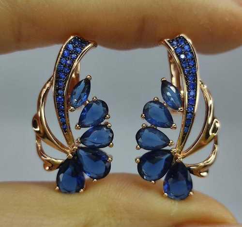Серьги Сапфировая Роскошь, цирконы, золочение