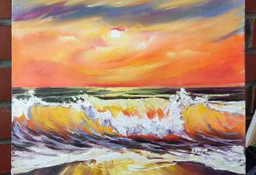 Картина маслом "Закат на море", морской пейзаж