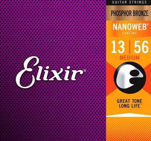 Струны для гитары Elixir 16102 NanoWeb Medium 13-56