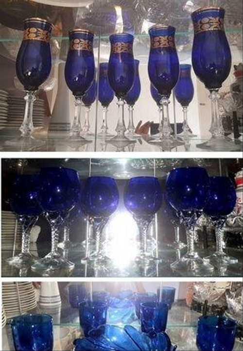 Фужеры, вазочка и стаканы цвета кобальт (синий)