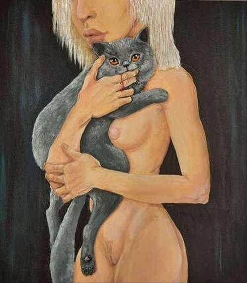 Картина (девушка, кот ) акрилом на холсте