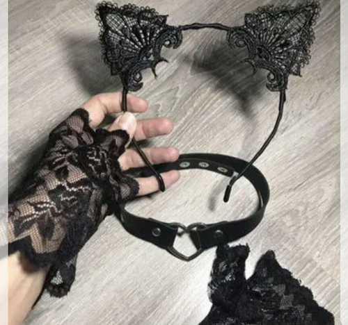 Ободок ушки кошки перчатки ажур чокер набор за все