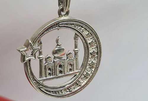 Серебряный кулон мусульманский полумесяц мечеть