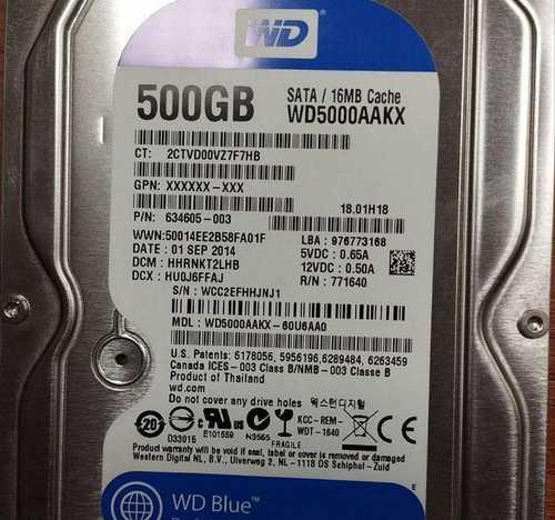 Hdd 500gb 3.5 wd Blue б/у (в хорошем состоянии)